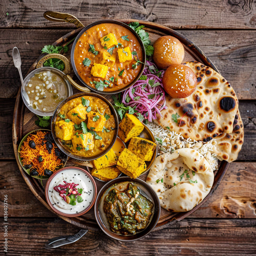 Top view of north indian thali with full of tradtiona food like paneer ...
