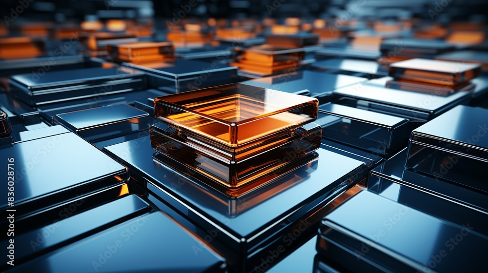 Abstract 3D rendering of geometric shapes floating in space, accented by metallic finishes and ...