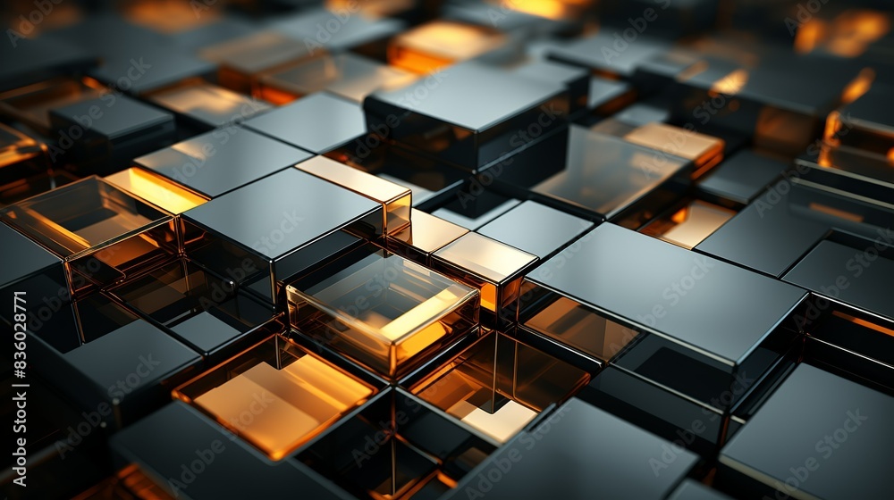 Abstract 3D rendering of geometric shapes floating in space, accented ...