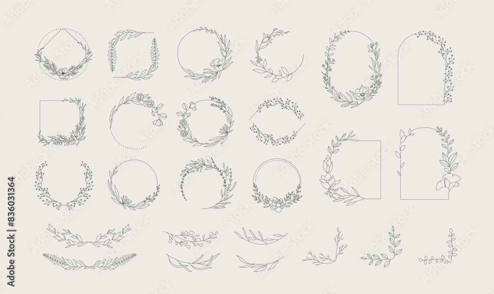 Set of different floral frame from flat editable stroke. Luxury line ...