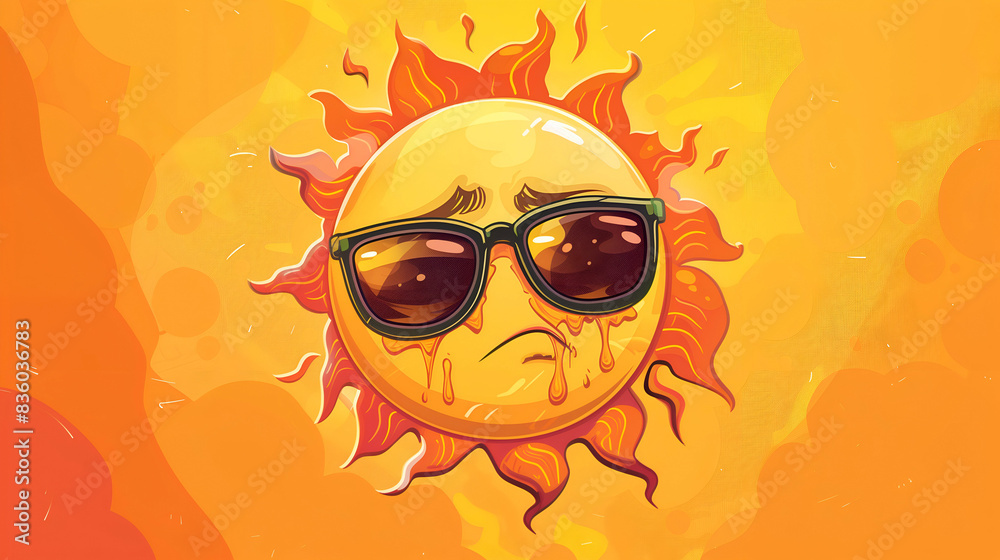 A cartoon sun, melting from intense heat, wears sunglasses and displays ...