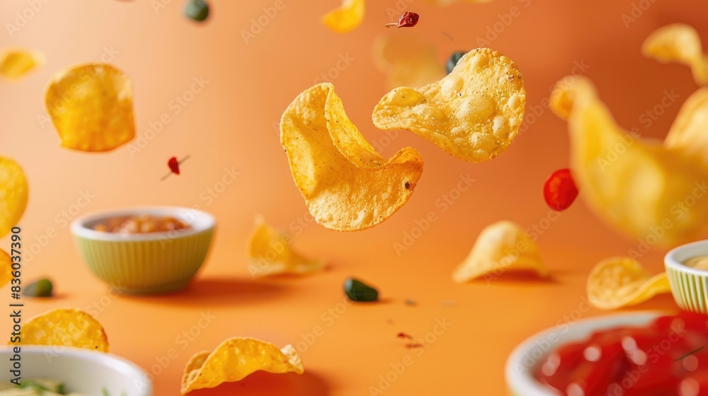 Floating potato chips with a backdrop of various dips and condiments ...