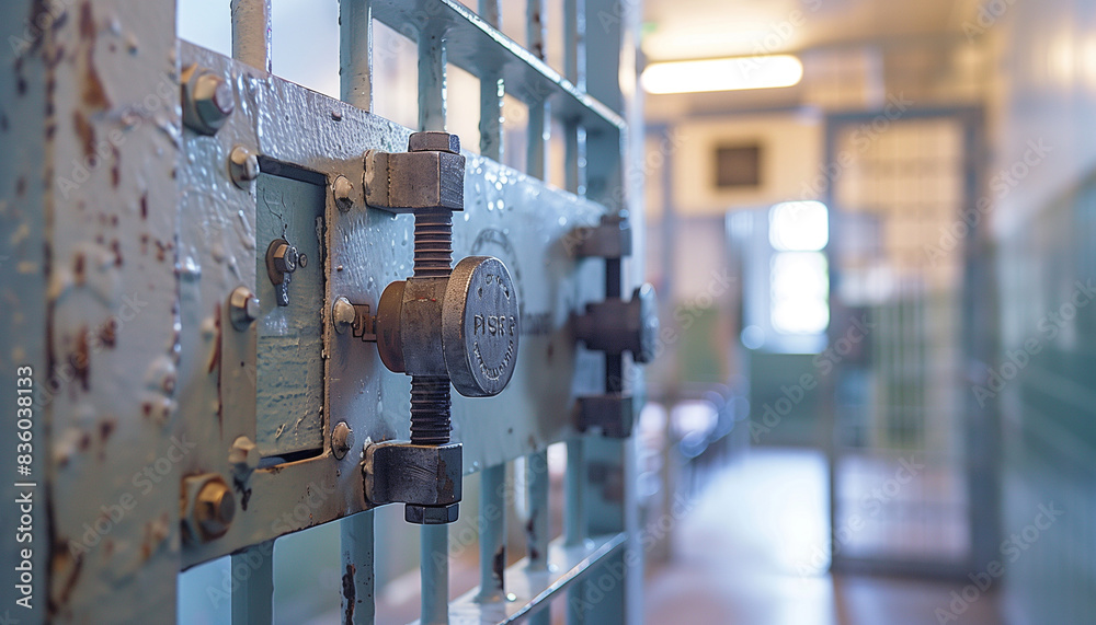 a close-up image of a prison cell door with heavy locks and a small ...