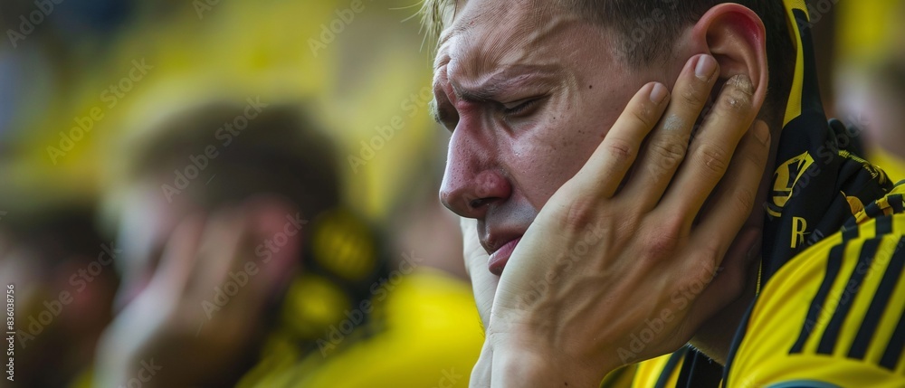 Disappointed football fans react to their team loss in the stadium ...