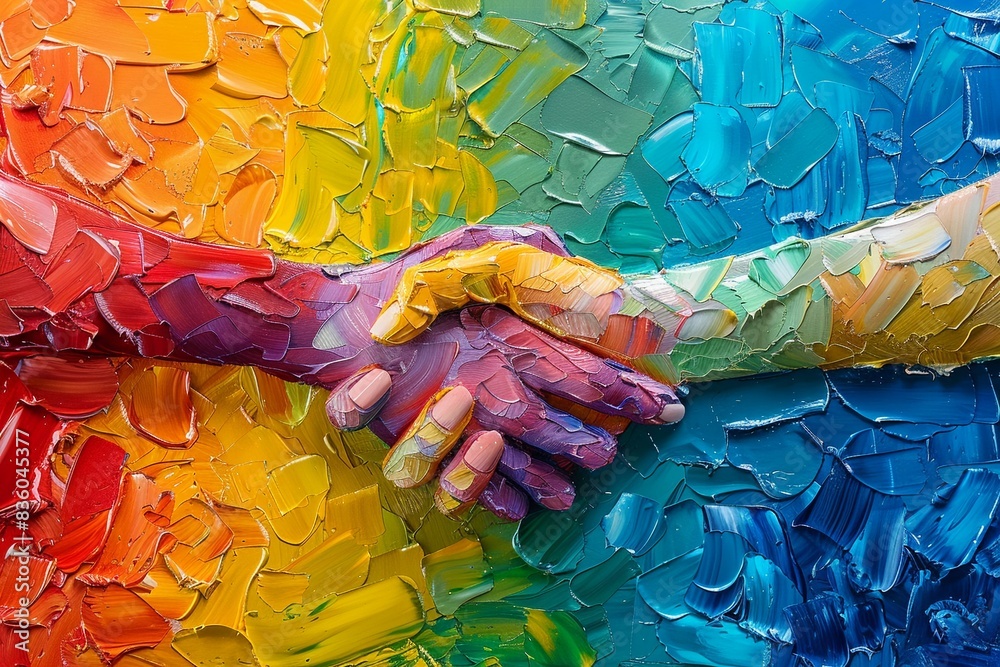 Palette knife painting of hands painted in rainbow colors, interlocking ...