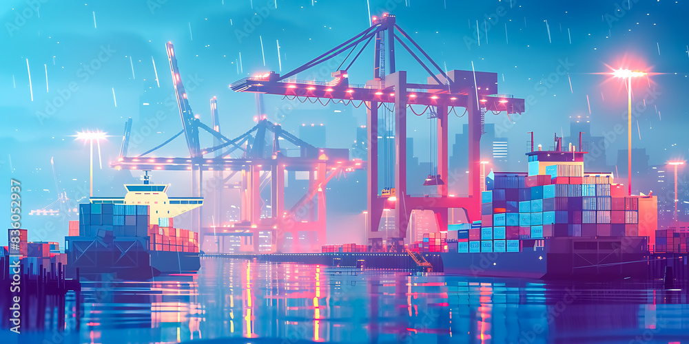 Nighttime Cargo Port with Illuminated Cranes and Shipping Containers ...
