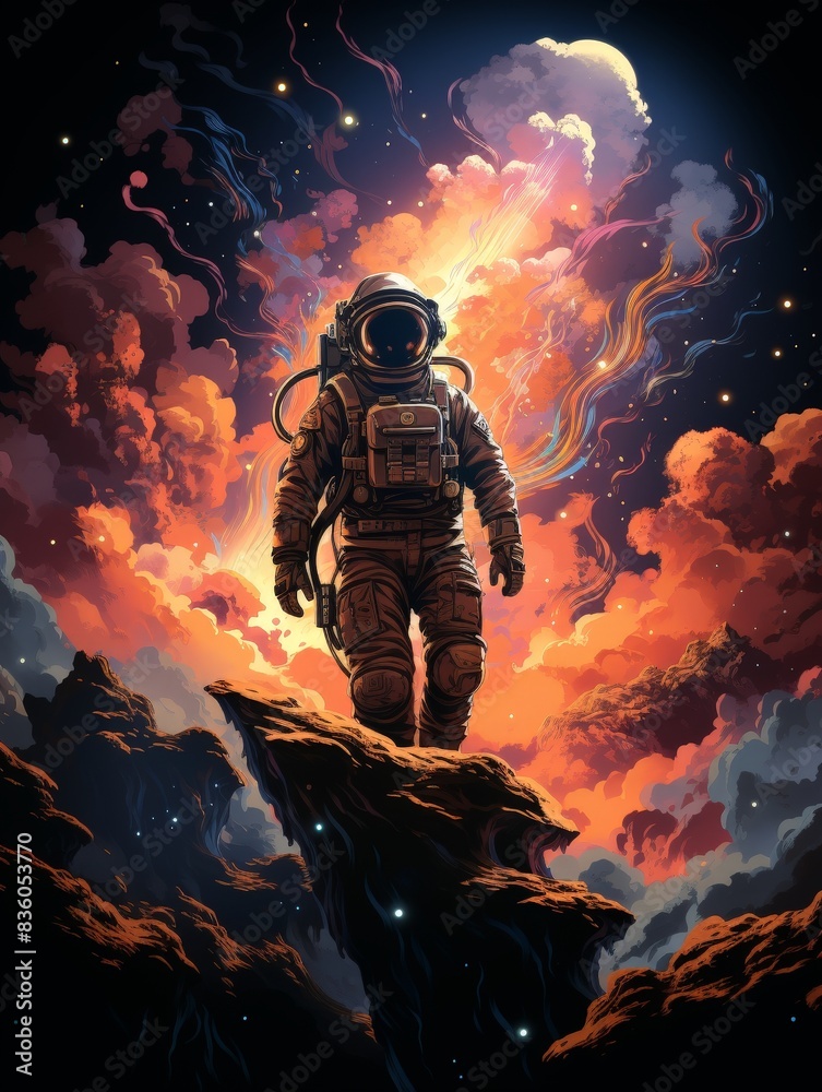 T-shirt designs featuring astronauts soaring above clouds, rendered in ... T-shirt designs featuring astronauts soaring above clouds, rendered in ...