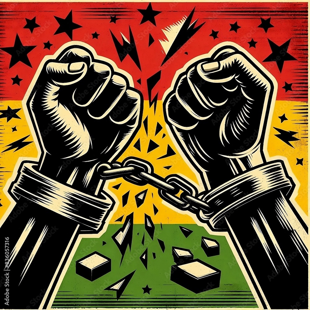 Hands breaking chain shackle handcuffs in a vintage woodcut revolution ...