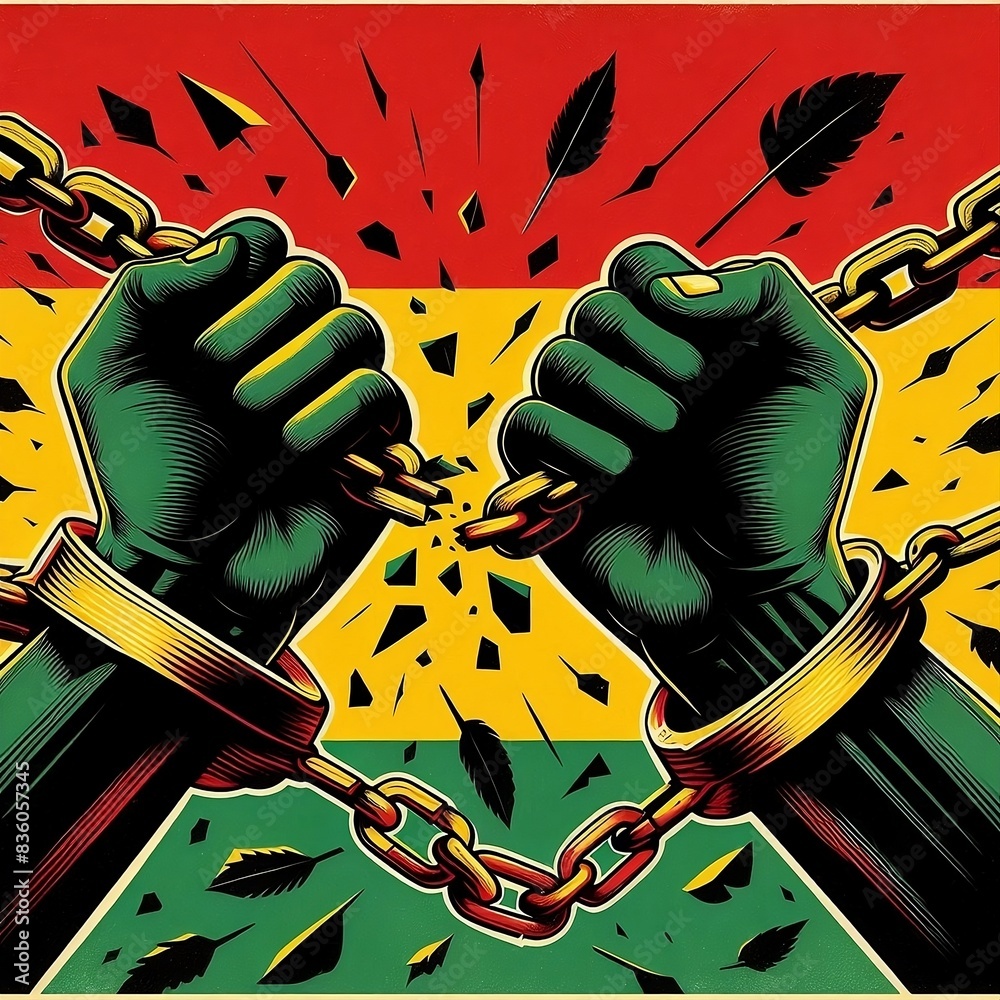 Hands breaking chain shackle handcuffs in a vintage woodcut revolution ...