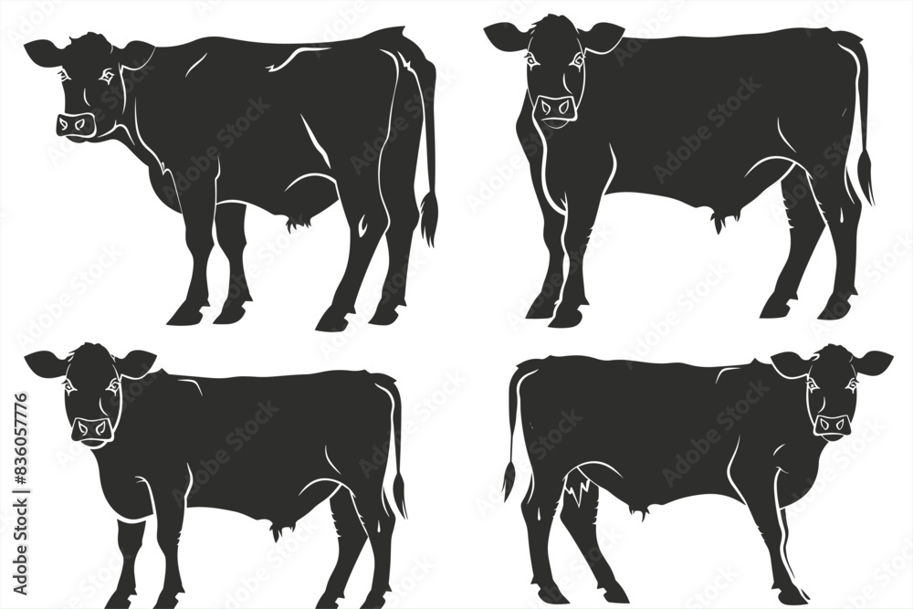 Set of cows. Black silhouette cow isolated on white. collection set ...