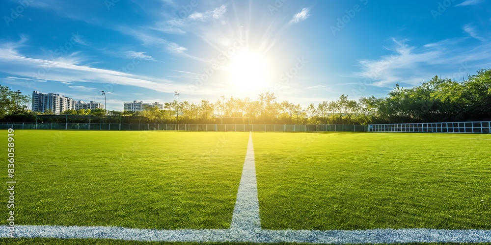 A stunning outdoor soccer field under the bright sun with perfectly ...