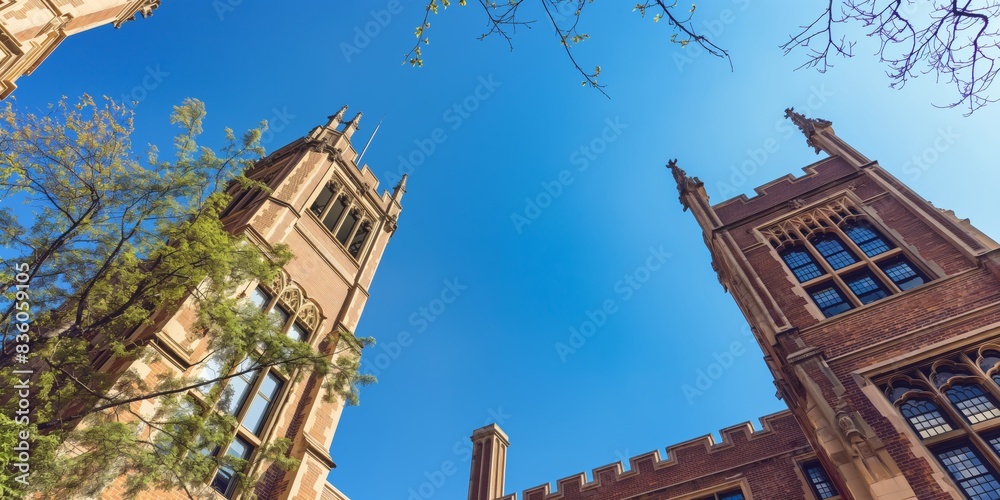 A majestic Gothic-style university building featuring impressive spires ...