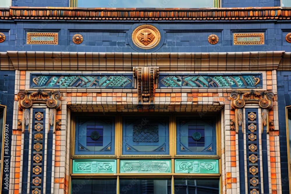 Art Deco building facade with bold geometric patterns, vibrant colors ...