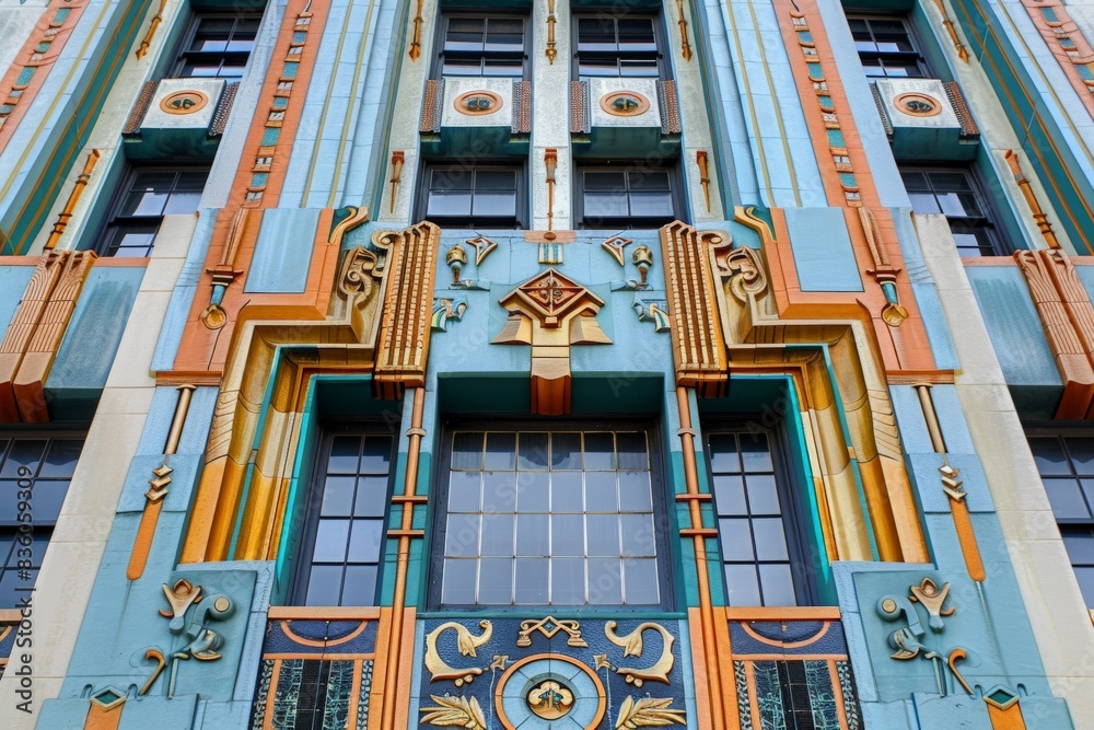 Art Deco building facade with bold geometric patterns, vibrant colors ...