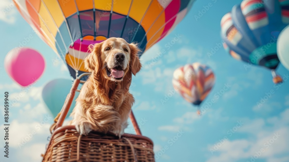 Dog Balloon Ride Focus on a golden retriever in a hot air balloon ...