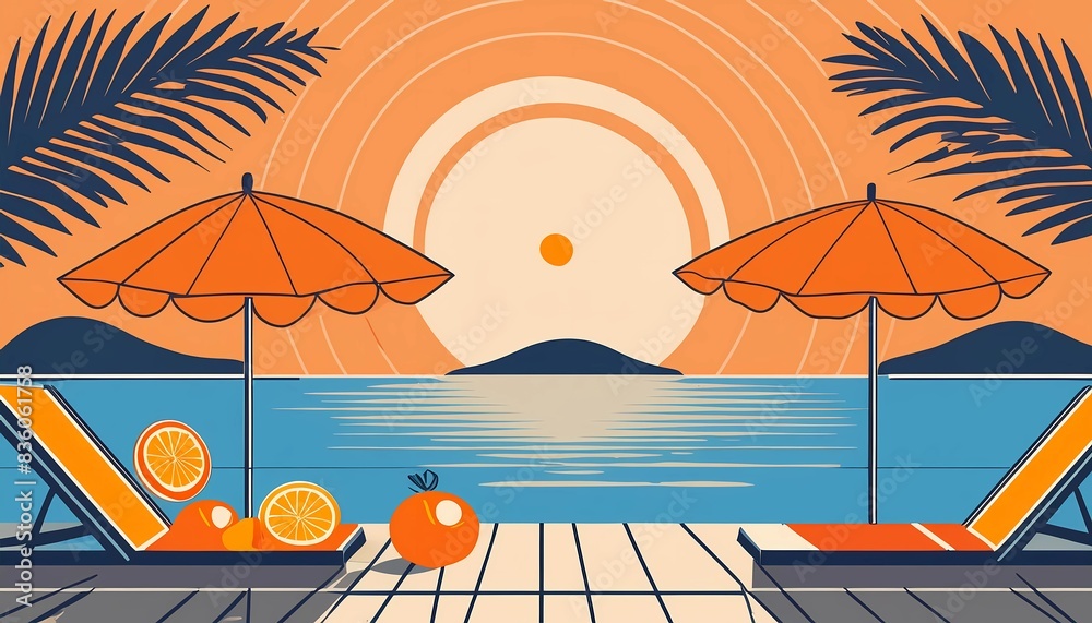 minimalistic illustration of sun rays, swimming pool with sun lounger ...