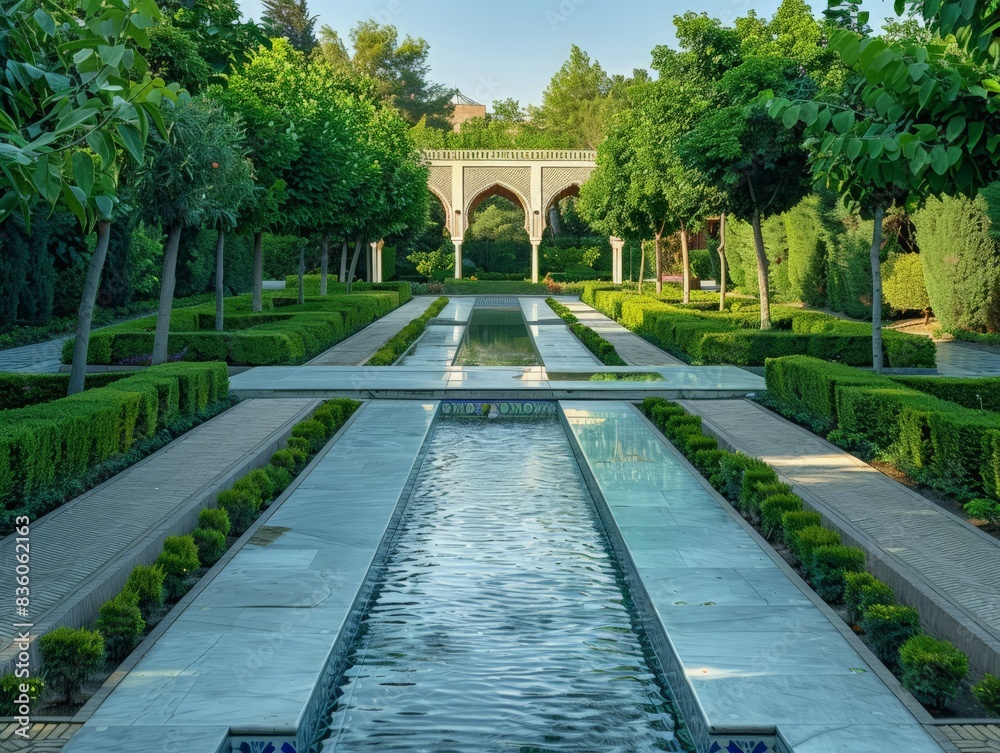 Peaceful Islamic garden with symmetrical design, water features, and ...