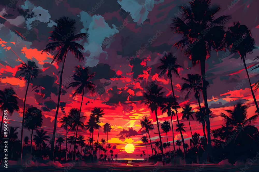 80s retro sunset, palm trees on both sides, Stock Illustration | Adobe ...