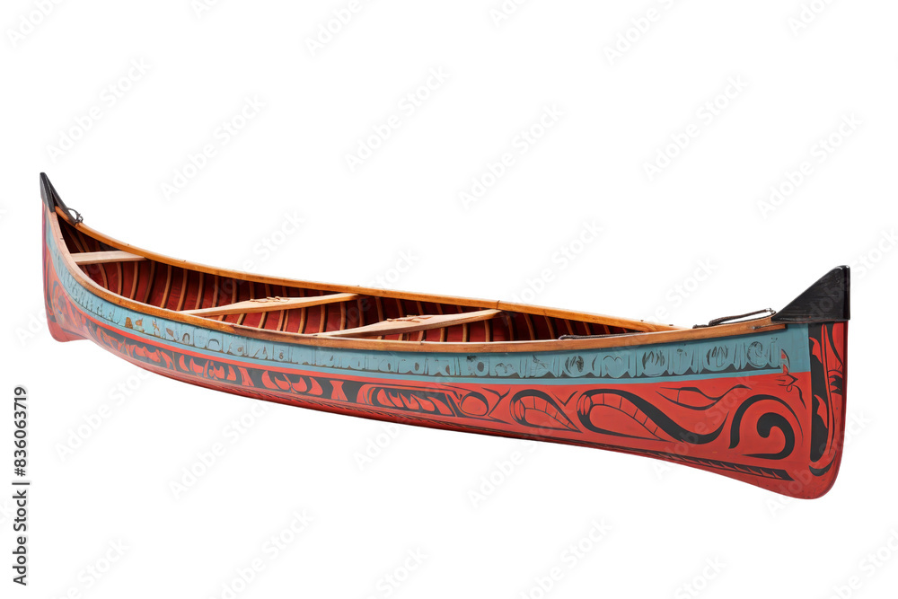 Beautifully crafted traditional wooden canoe with detailed carvings and ...