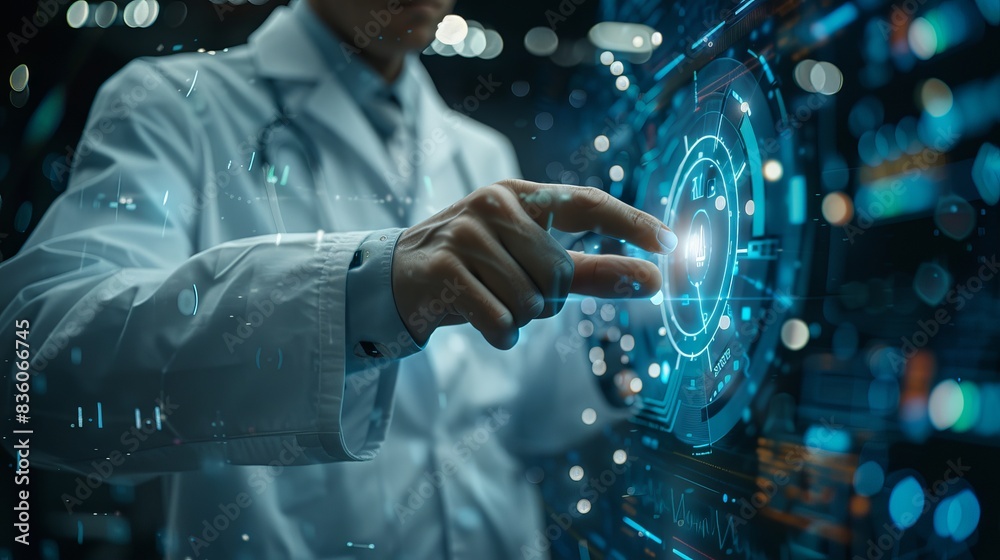 Doctor interacting with advanced medical technology interface in ...