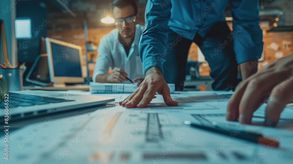 Engineers collaborating on a project, with technical drawings and ...