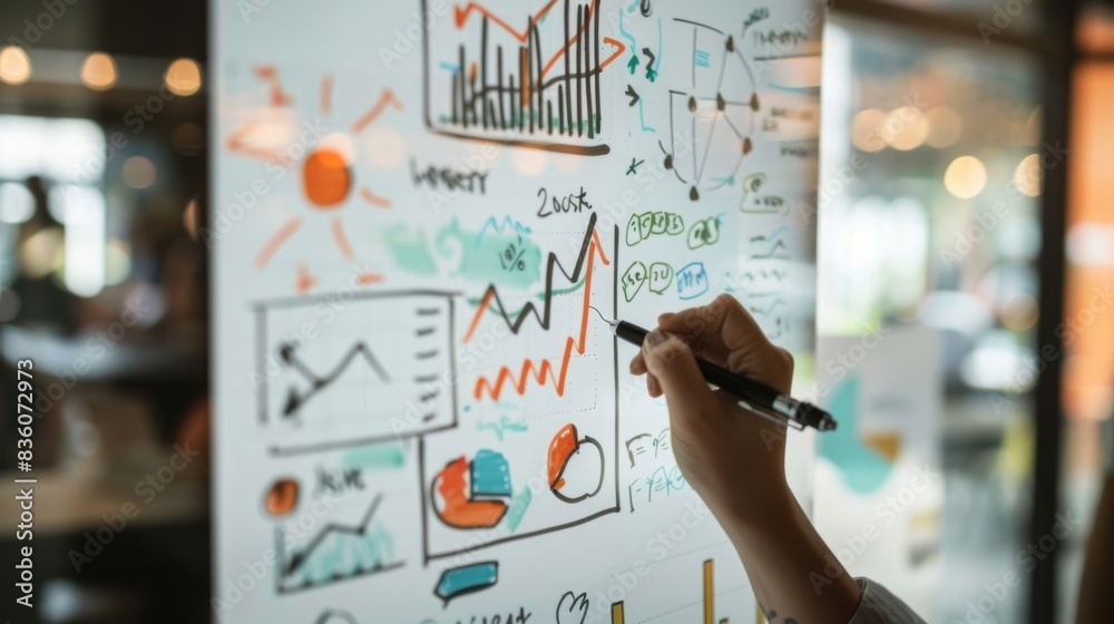 A hand drawing a business graph on a whiteboard during a team meeting ...