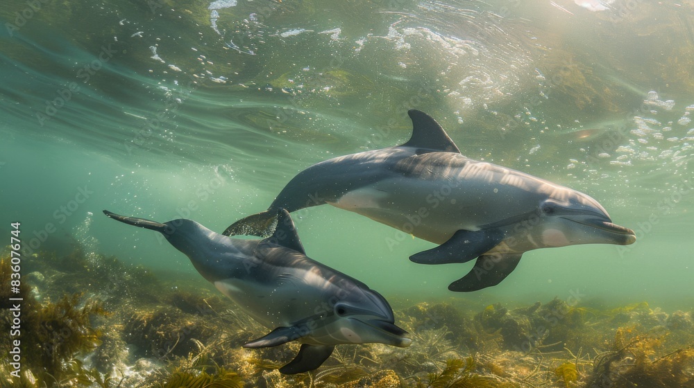 A mother dolphin swimming alongside her calf in shallow coastal waters ...