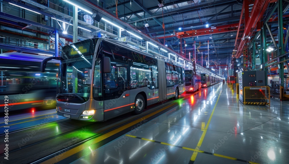 there is an industrial bus production line with several modern and ...