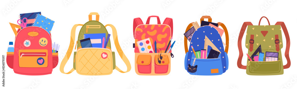 Kids school bags. Childish school backpacks with books and school ...