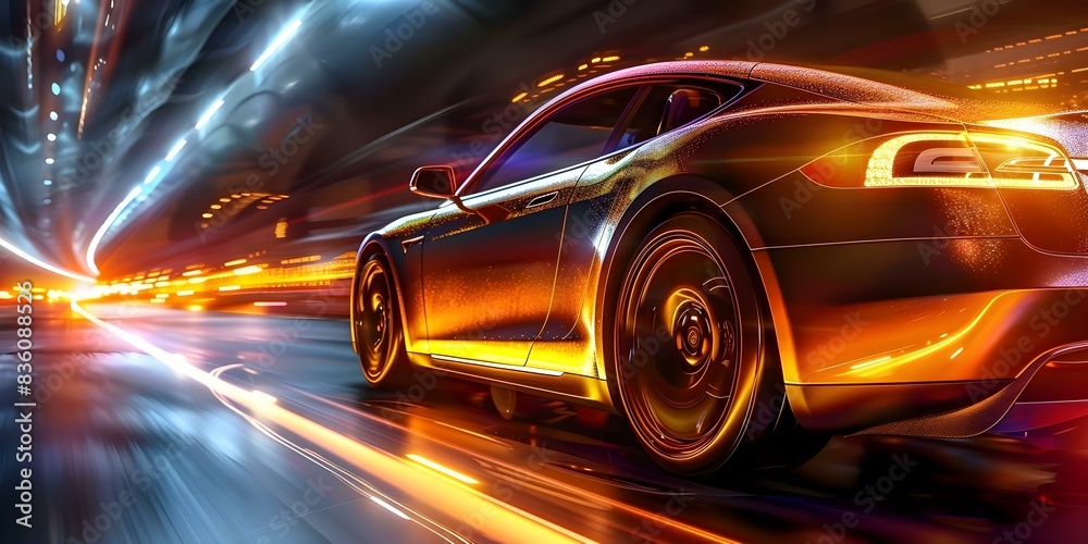 Highspeed sports car on illuminated futuristic highway with powerful ...