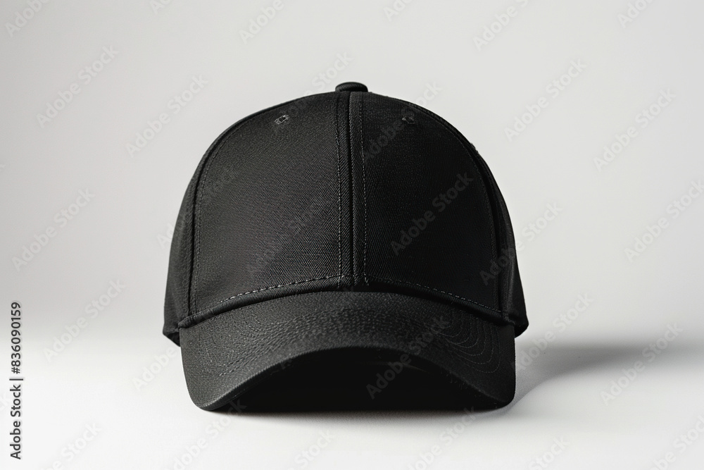 Front view of a black baseball cap without a pattern or inscriptions on ...