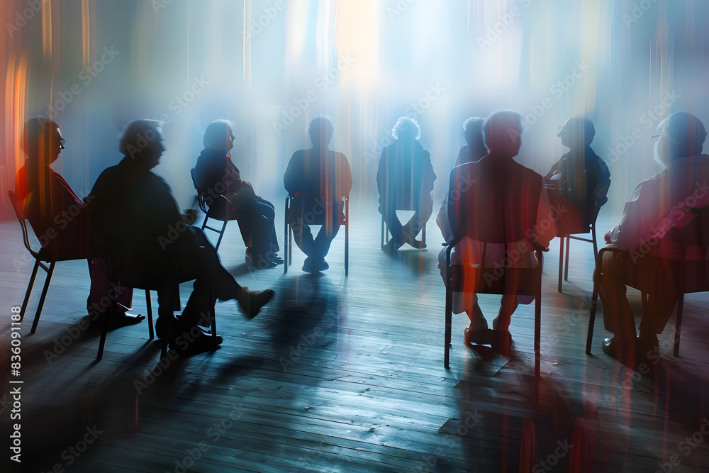 a long exposure photograph of Elderly people sit on chairs in a circle ...