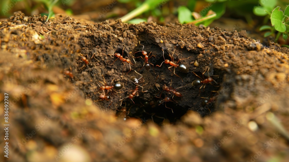 Ants tunneling through soil in a garden, aerating the earth and ...