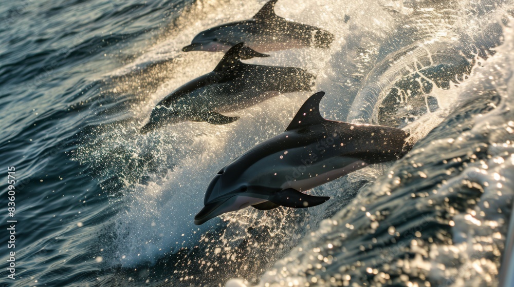 Dolphins riding the bow wave of a boat, frolicking in the ocean ...