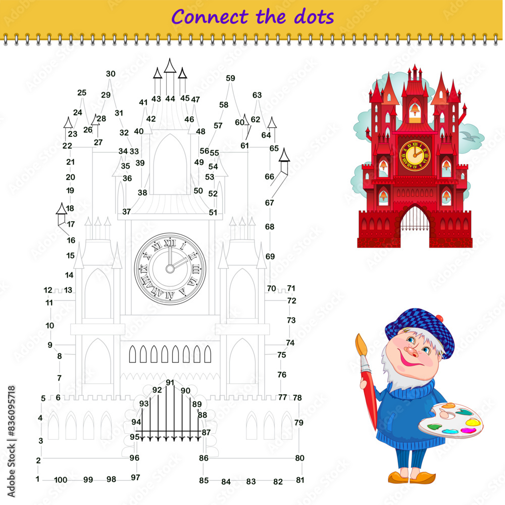 Connect the dots from 1 to 100 and draw the castle with gates and clock ...