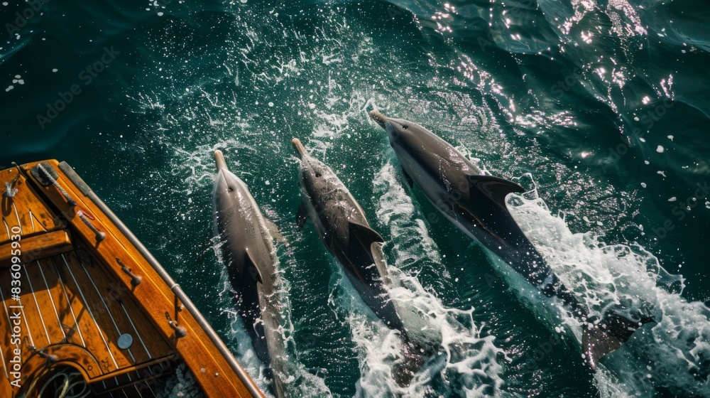 Dolphins swimming alongside a boat, their playful antics captivating ...