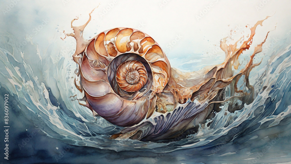 Watercolor painting: A nautilus propelling itself through the water ...