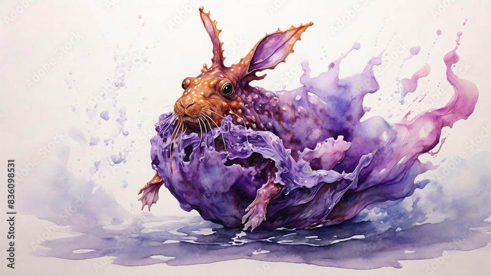 Watercolor painting: A sea hare releasing a cloud of purple ink, its ...