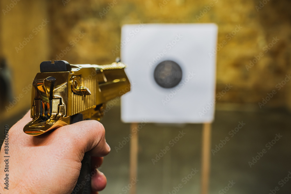 Shooting from a gold-colored Desert Eagle pistol in a shooting range at ...