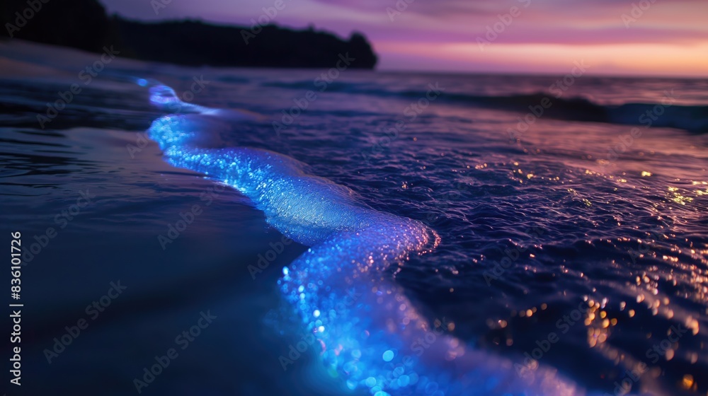 Photo & Art Print Image of bioluminescence in night sea tide wave blue ...