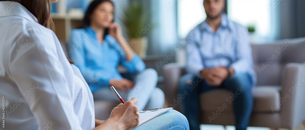 This image shows a couples therapist taking notes during a session. The ...