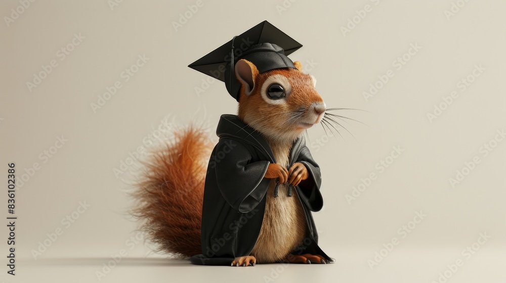 A cute squirrel wearing a graduation cap and gown, holding a diploma ...