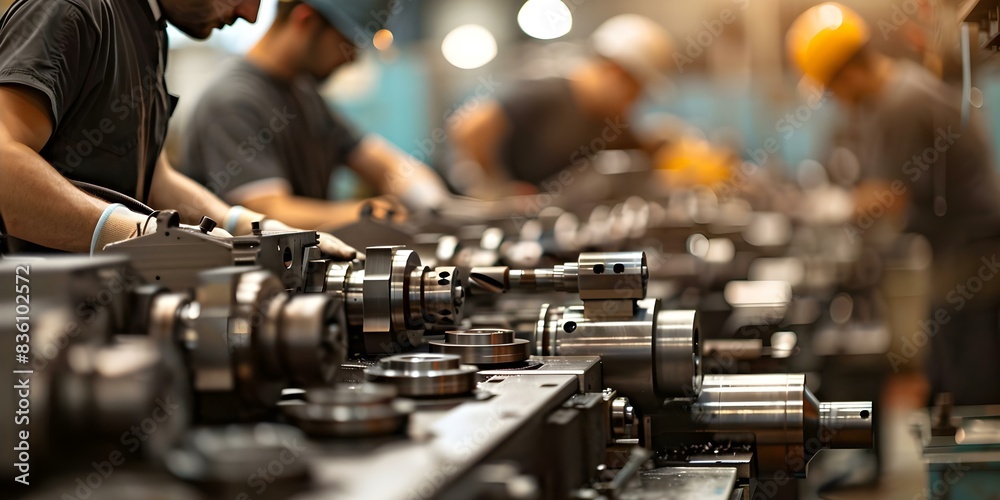 Employees operating lathe machine on factory floor focused on ...