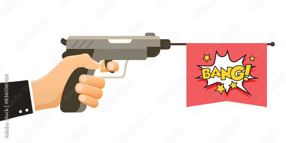 Hand holding pistol gun with bang text icon in flat style. Firearm ...