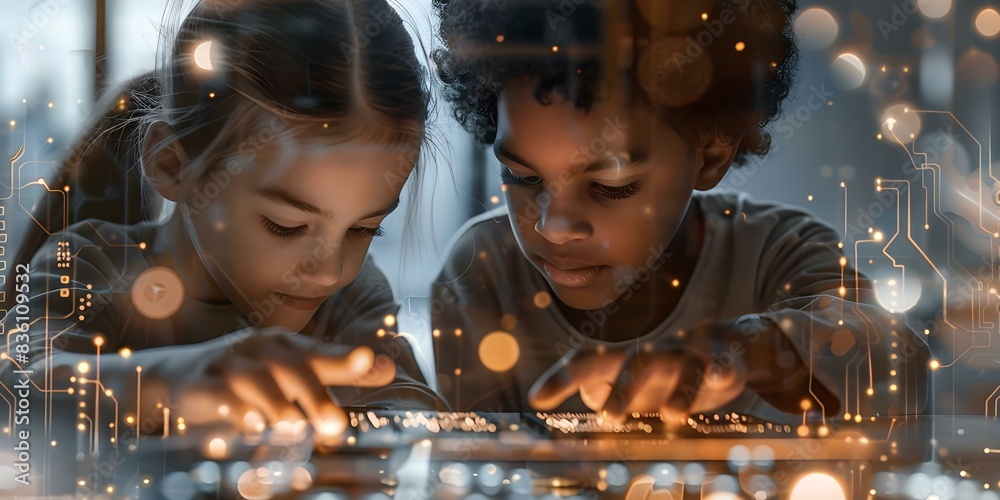 Two kids exploring robotics fascinated by glowing circuit boards in ...