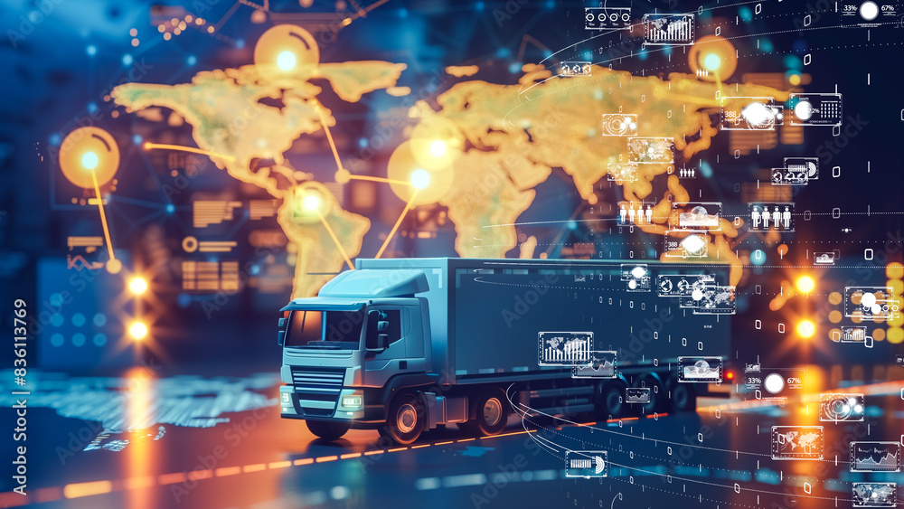 High-tech logistics truck on a digital map background, representing ...
