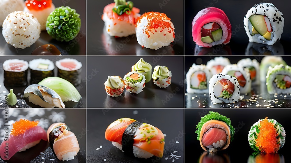 Showcase various types of sushi with close-up images, including temari ...