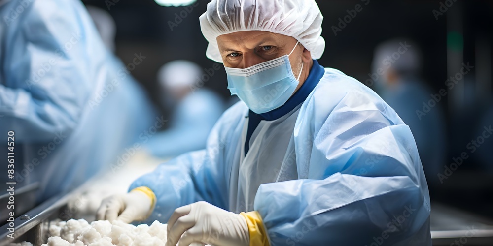 Worker in food processing plant ensuring quality and safety standards ...