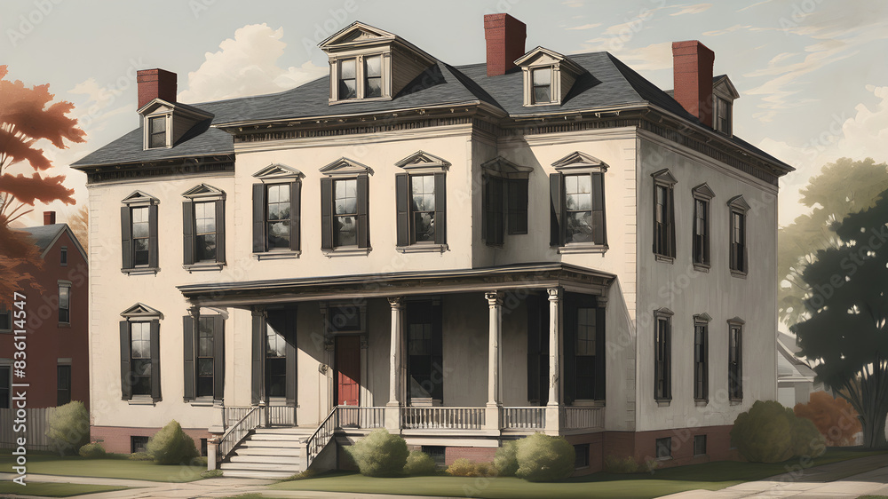 historic painting rendering, 1800s, Italianate two story house, three ...
