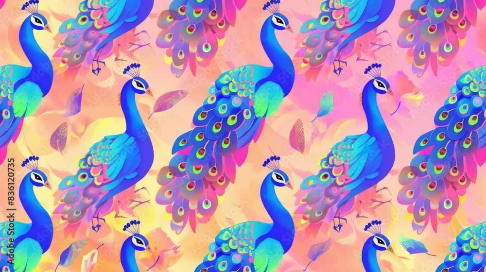 a pattern of cute cartoon peacocks, square-lugging sprites, enchanted ...